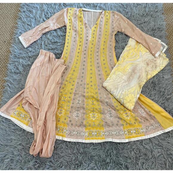 Dresses | Yellow Beige Silver Embroidered Dress Churi Pajama Dupatta ...